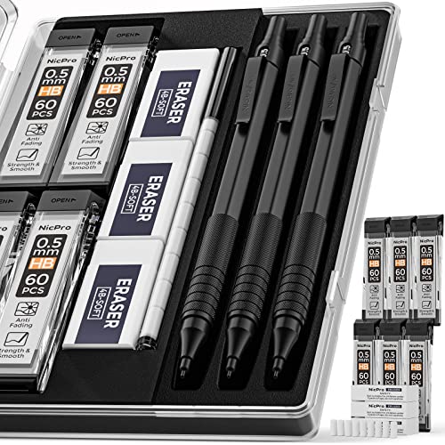 Nicpro 0.5 mm Mechanical Pencils Set with Case, 3 Metal Artist Pencil With 6 Tubes HB Lead Refills, 3 Erasers, Eraser Refills For Architect Art Writing Drafting, Drawing, Engineering, Sketching, Black