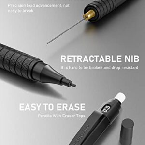 Nicpro 0.5 mm Mechanical Pencils Set with Case, 3 Metal Artist Pencil With 6 Tubes HB Lead Refills, 3 Erasers, Eraser Refills For Architect Art Writing Drafting, Drawing, Engineering, Sketching, Black