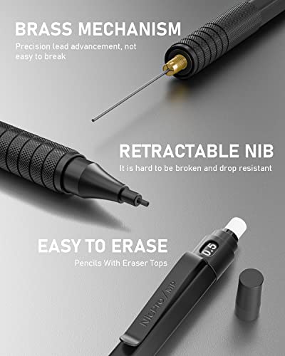 Nicpro 0.5 mm Mechanical Pencils Set with Case, 3 Metal Artist Pencil With 6 Tubes HB Lead Refills, 3 Erasers, Eraser Refills For Architect Art Writing Drafting, Drawing, Engineering, Sketching, Black