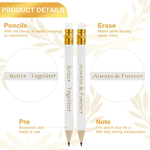 60 Pieces Wedding Pencils Half Pencils Bridal Pencils with Eraser White Gold Golf Pencil 4 Inch Mini Pencils 'Better Together' 'Always and Forever' Pencils for Bridal Shower Wedding Party, School