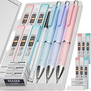 nicpro 3pcs pastel mechanical pencil set, cute mechanical pencils 0.7 mm with 6 tubes hb lead refills& 3pcs eraser& 9pcs eraser refill for student writing, drawing, sketching, drafting -come with case