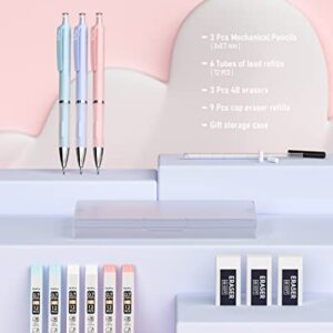 Nicpro 3PCS Pastel Mechanical Pencil Set, Cute Mechanical Pencils 0.7 mm with 6 Tubes HB Lead Refills& 3PCS Eraser& 9PCS Eraser Refill for Student Writing, Drawing, Sketching, Drafting -Come with Case