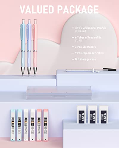 Nicpro 3PCS Pastel Mechanical Pencil Set, Cute Mechanical Pencils 0.7 mm with 6 Tubes HB Lead Refills& 3PCS Eraser& 9PCS Eraser Refill for Student Writing, Drawing, Sketching, Drafting -Come with Case