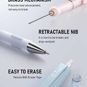 Nicpro 3PCS Pastel Mechanical Pencil Set, Cute Mechanical Pencils 0.7 mm with 6 Tubes HB Lead Refills& 3PCS Eraser& 9PCS Eraser Refill for Student Writing, Drawing, Sketching, Drafting -Come with Case