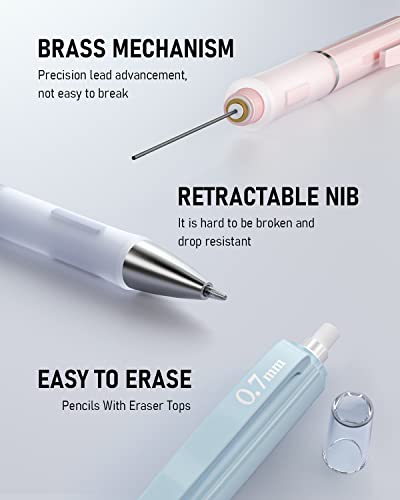 Nicpro 3PCS Pastel Mechanical Pencil Set, Cute Mechanical Pencils 0.7 mm with 6 Tubes HB Lead Refills& 3PCS Eraser& 9PCS Eraser Refill for Student Writing, Drawing, Sketching, Drafting -Come with Case