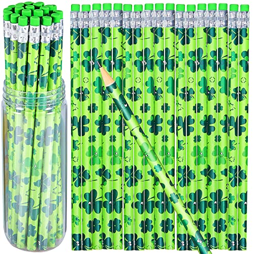 Marspark St Patricks Pencils 7.5 Inch Wood Pencils Saint Patricks Day Pencils with Erasers Shamrock Pencils Green Party Pencil St Patricks Day Decorations Treats Pencils for Kids (48 Pieces)