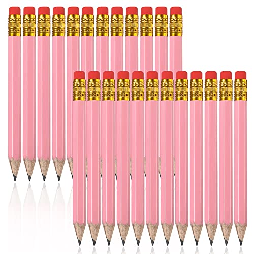 24 Pieces Small Pencils Half Pencils Golf Pencils with Eraser Easy to Hold Graphite HB Pencils for Baby Shower Bridal Shower Wedding Golf School Office (Pink)