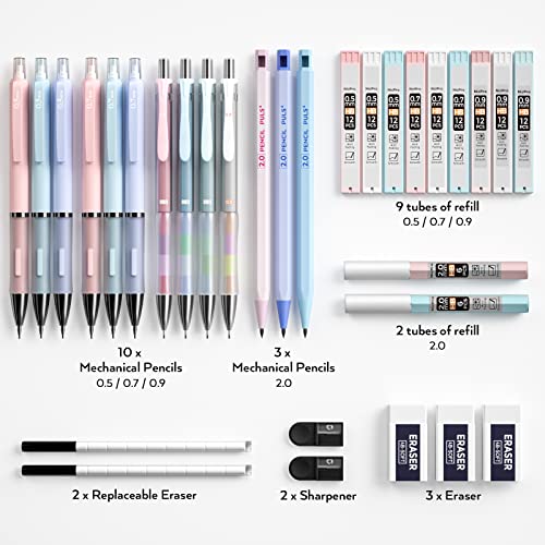 Nicpro 13 PCS Pastel Art Mechanical Pencil Bulk Set,10 PCS Drawing Pencils 0.5 & 0.7 & 0.9 mm & 3 PCS 2mm Graphite Lead Holder(2B HB) For Writing Sketching Drafting With Lead Refills Erasers Cute Case