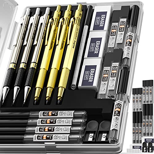 Nicpro Gold Mechanical Pencils Set, 3 PCS Metal Drafting Pencil 0.5 mm & 0.7 mm & 0.9 mm & 3 PCS 2mm Graphite Lead Holder (2B HB 2H) For Writing, Sketching Drawing With 12 Tube Lead Refills Case