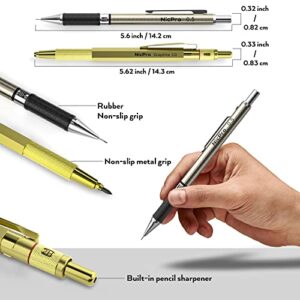 Nicpro Gold Mechanical Pencils Set, 3 PCS Metal Drafting Pencil 0.5 mm & 0.7 mm & 0.9 mm & 3 PCS 2mm Graphite Lead Holder (2B HB 2H) For Writing, Sketching Drawing With 12 Tube Lead Refills Case