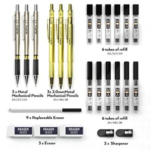 Nicpro Gold Mechanical Pencils Set, 3 PCS Metal Drafting Pencil 0.5 mm & 0.7 mm & 0.9 mm & 3 PCS 2mm Graphite Lead Holder (2B HB 2H) For Writing, Sketching Drawing With 12 Tube Lead Refills Case