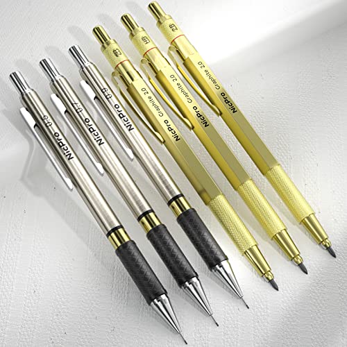 Nicpro Gold Mechanical Pencils Set, 3 PCS Metal Drafting Pencil 0.5 mm & 0.7 mm & 0.9 mm & 3 PCS 2mm Graphite Lead Holder (2B HB 2H) For Writing, Sketching Drawing With 12 Tube Lead Refills Case