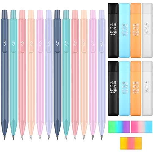 23 Pcs Cute Mechanical Pencils Set, 12 Pcs Pastel Mechanical Pencils 0.5mm and 0.7mm Aesthetic School Supplies with 8 Tubes Pencil Refills and 3 Pcs Erasers for Kids Students Writing Drawing Sketching