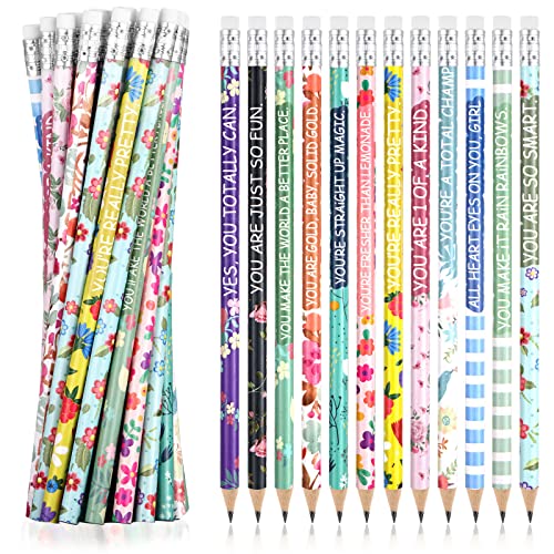 Chinco 36 Pieces Motivational Pencils Wood Personalized Pencils Kids Pencils with Erasers Cute Wooden Pencils for Primary Middle School Students Girls Teachers