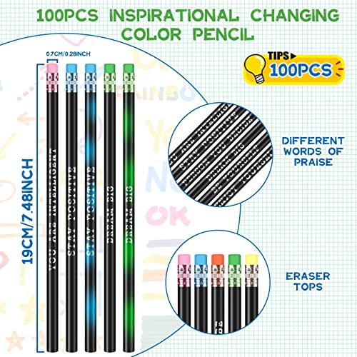 100 Pcs Inspirational Pencils Color Changing Mood Pencils Personalized Pencils with Words Motivational Cute Pencils with Eraser Heat Activated Wooden Pencils Class Reward for Kid (Black)