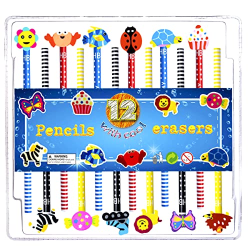 12 Pack Cute Pencils for Kids, Fun Pencils with Animal Eraser Toppers, Smooth Writing Bulk Pencils Perfect Rewards for School Classroom, Holiday Gifts, Party Favors