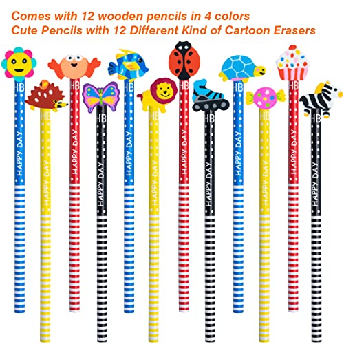 12 Pack Cute Pencils for Kids, Fun Pencils with Animal Eraser Toppers, Smooth Writing Bulk Pencils Perfect Rewards for School Classroom, Holiday Gifts, Party Favors