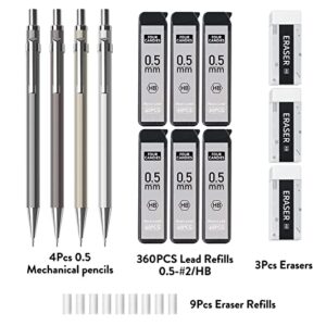 Four Candies 0.5mm Mechanical Pencil Set with Case - 4PCS Metal Mechanical Pencils, 6 Tubes HB #2 Lead Refills, 3PCS 4B Erasers and 9PCS Eraser Refills, Lead Mechanical Pencils for Writing & Drawing