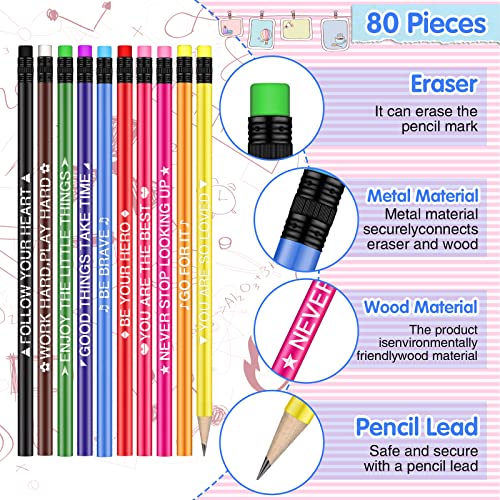 Eersida 80 Pcs Motivational Pencils Color Changing Mood Pencil Inspirational with Sayings 2B Thermochromic Eraser for Student Christmas Gift (Multicolor, Style)