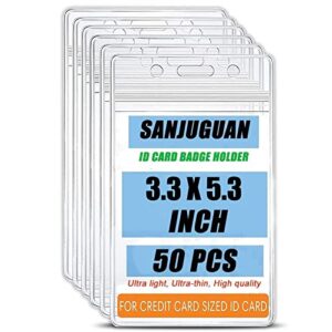 sanjuguan 50 pack id badge holders, vertical clear pvc card holder with waterproof resealable zip type,for badge record id card name tag(3″x4″)