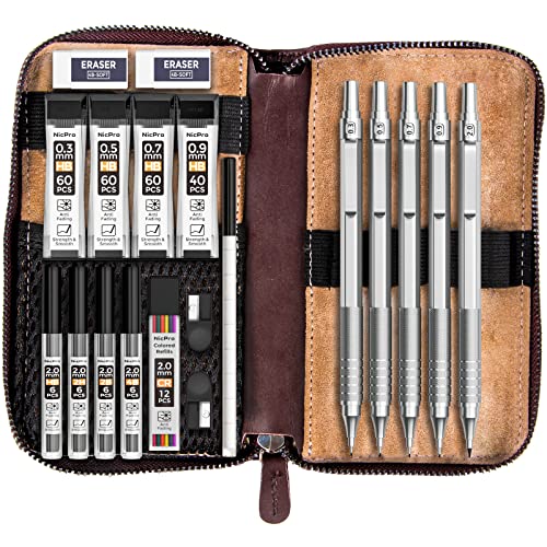 Nicpro 20PCS Metal Mechanical Pencil Set in Leather Case, 0.3, 0.5, 0.7, 0.9 mm & 2mm Lead Pencil Holders, 9 Tube (4B 2B HB 2H) Lead Refills(Black & Colors), Erasers For Art Drafting Sketching Drawing