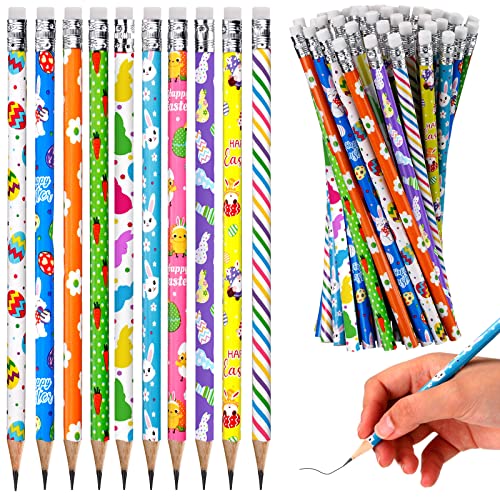 Easter Themed Pencils Happy Easter Party Pencils with Eraser Bunny Eggs Basket Pencil Wood Pencils for Easter Gift School Supplies, 10 Styles (50 Ps)