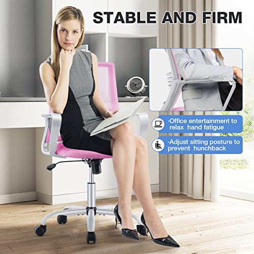 Mesh Modern Office Desk Chair, Mid Back Lumbar Support Padded Seat and Armrest Computer Chair, Adjustable Height Ergonomic Home 360 Degree Swivel Rolling Rocking Mode Breathable Executive Chair, Pink