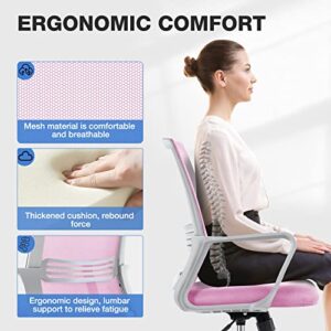 Mesh Modern Office Desk Chair, Mid Back Lumbar Support Padded Seat and Armrest Computer Chair, Adjustable Height Ergonomic Home 360 Degree Swivel Rolling Rocking Mode Breathable Executive Chair, Pink