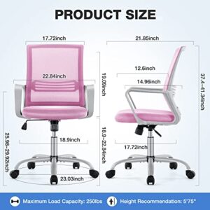 Mesh Modern Office Desk Chair, Mid Back Lumbar Support Padded Seat and Armrest Computer Chair, Adjustable Height Ergonomic Home 360 Degree Swivel Rolling Rocking Mode Breathable Executive Chair, Pink