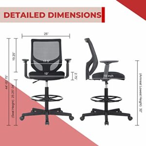 Drafting Chair, Tall Office Chair for Standing Desk, Tall Desk Chair with Adjustable Foot Ring and Armrests, Ergonomic Computer Mesh Chair with Lumbar Support and Adjustable Height，Black