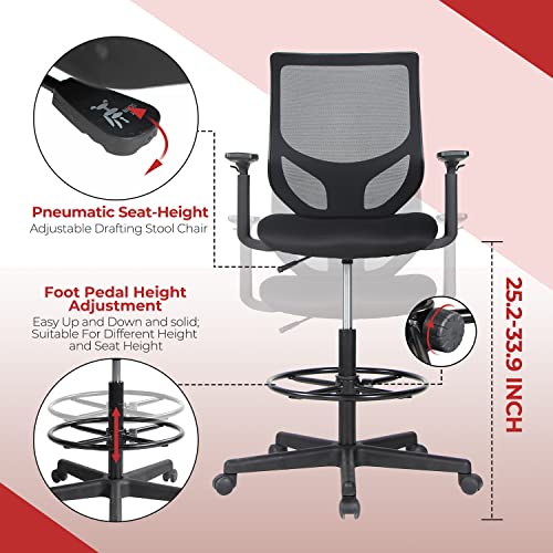 Drafting Chair, Tall Office Chair for Standing Desk, Tall Desk Chair with Adjustable Foot Ring and Armrests, Ergonomic Computer Mesh Chair with Lumbar Support and Adjustable Height，Black