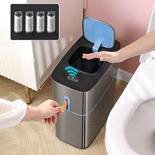 MOPUP Touchless Bathroom Trash Can, 4 Gallon Narrow Metal Automatic Privacy Garbage Cans,Motion Sensor Waterproof Trash Bin for Bedroom,Office,Toilet,RV