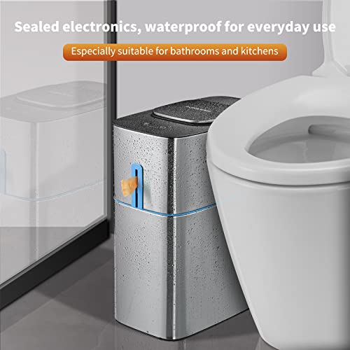 MOPUP Touchless Bathroom Trash Can, 4 Gallon Narrow Metal Automatic Privacy Garbage Cans,Motion Sensor Waterproof Trash Bin for Bedroom,Office,Toilet,RV