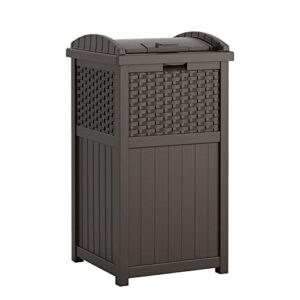 suncast 33 gallon hideaway can resin outdoor trash with lid use in backyard, deck, or patio, 33-gallon, brown