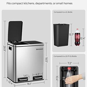 SONGMICS Dual Trash Can, 2 x 4 Gal (2 x 15L) Garbage Can, Steel Pedal Recycle Bin with Lid and Inner Buckets, for Small Kitchens, Fingerprint-Proof, Soft Closure, Airtight, Silver ULTB30H