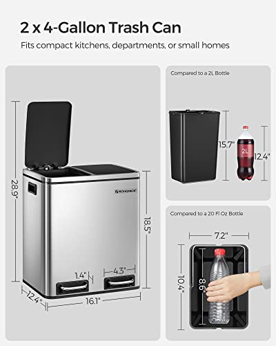 SONGMICS Dual Trash Can, 2 x 4 Gal (2 x 15L) Garbage Can, Steel Pedal Recycle Bin with Lid and Inner Buckets, for Small Kitchens, Fingerprint-Proof, Soft Closure, Airtight, Silver ULTB30H