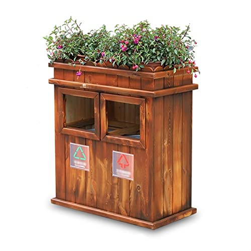 SUNESA Trash Can Anticorrosive Wood Trash Can, Wood Classification Trash Can, Top with Flower Box, Large Capacity Outdoor Commercial Trash Can Outdoor Trash Can