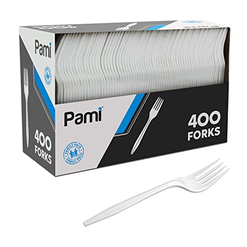 PAMI Medium-Weight Disposable Plastic Forks [400-Pack] - Bulk White Plastic Silverware For Parties, Weddings, Catering Food Stands, Takeaway Orders & More- Sturdy Single-Use Partyware Forks