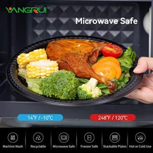 YANGRUI Reusable Plastic Plates, 9 Inch 150 Pack Food Grade Meterial BPA Free Black Dinner Plates