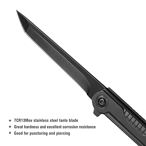 FUNBRO EDC Pocket Knife for Men, Tanto Folding Knives with 7CR13Mov Stainless Steel Blade, Slim Survival Knife with Clip, Window Breaker, Flipper Open and Liner Lock for Outdoor Camping