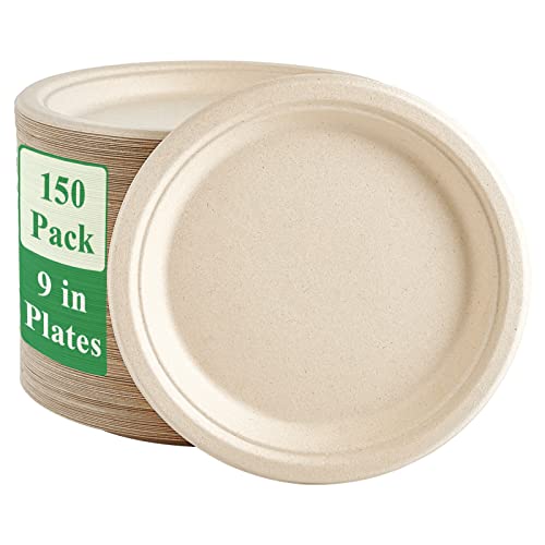 Vplus 150 Pack Paper Plates 9 inch 100% Compostable Plates Heavy-Duty Disposable Paper Plates Bagasse Natural Biodegradable Eco-Friendly Sugarcane Plates