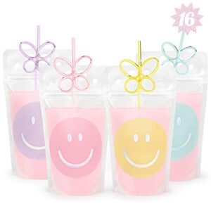 xo, fetti smiley drink pouches + butterfly straws – 16 count | bday cups, happy pastel birthday party decorations, cute bachelorette party, cool drinkware