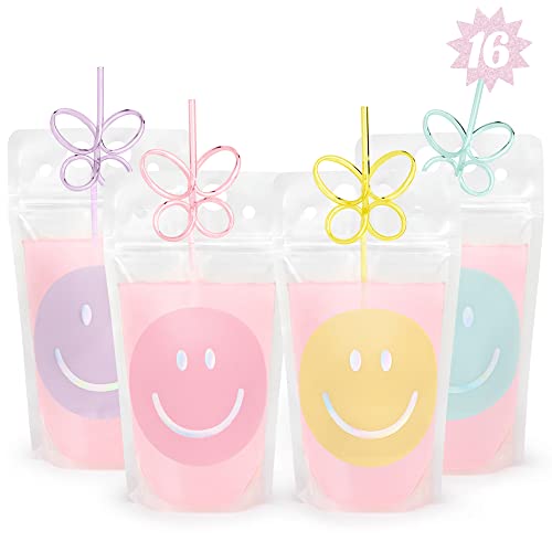 xo, Fetti Smiley Drink Pouches + Butterfly Straws - 16 count | Bday Cups, Happy Pastel Birthday Party Decorations, Cute Bachelorette Party, Cool Drinkware