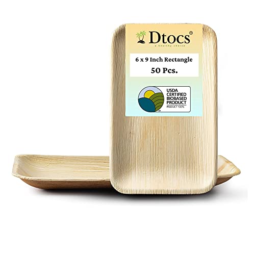 Dtocs Palm Leaf Plates 6x9 Inch Rectangle Tray (Pack 50) | Bamboo Plate Like Biodegradable Compostable Plate, Disposable Charcuterie Board, Mini Cheese Board | Sturdy Than Heavy Duty Paper Plates