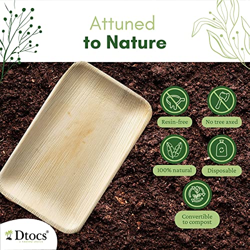 Dtocs Palm Leaf Plates 6x9 Inch Rectangle Tray (Pack 50) | Bamboo Plate Like Biodegradable Compostable Plate, Disposable Charcuterie Board, Mini Cheese Board | Sturdy Than Heavy Duty Paper Plates