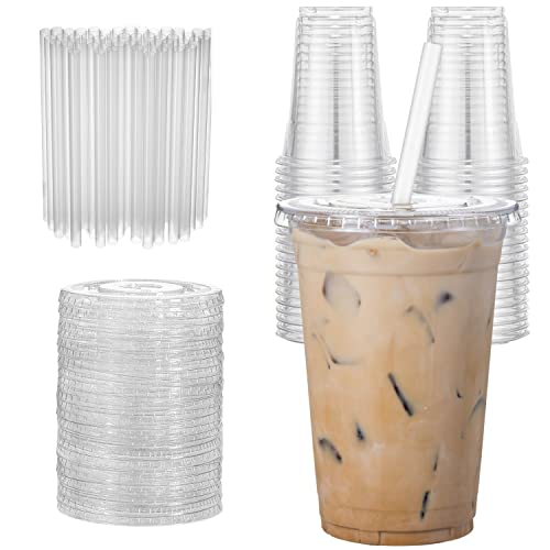 botogift [50 Sets]  20 oz Clear Plastic Cups with Flat Lids and STRAWS, Disposable Coffee Cups, Drinking Cups for Cold Drinks, Milkshakes, Juice, Smoothies, Slurpee