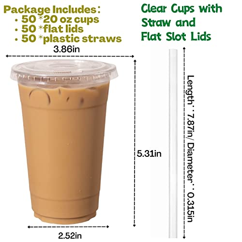 botogift [50 Sets]  20 oz Clear Plastic Cups with Flat Lids and STRAWS, Disposable Coffee Cups, Drinking Cups for Cold Drinks, Milkshakes, Juice, Smoothies, Slurpee