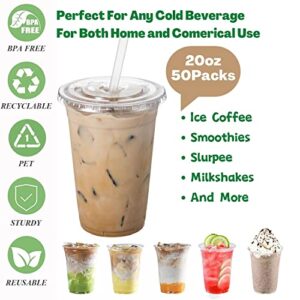 botogift [50 Sets]  20 oz Clear Plastic Cups with Flat Lids and STRAWS, Disposable Coffee Cups, Drinking Cups for Cold Drinks, Milkshakes, Juice, Smoothies, Slurpee