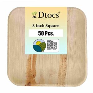 dtocs palm leaf plate 8 inch square plate (50 pcs) bamboo plate like compostable party plate set – mini dinner plate, cake plate, appetizer plate | disposable plates sturdier than 8″ paper plates