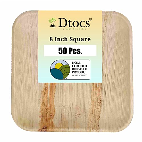 Dtocs Palm Leaf Plate 8 Inch Square Plate (50 Pcs) Bamboo Plate Like Compostable Party Plate Set - Mini Dinner Plate, Cake Plate, Appetizer Plate | Disposable Plates Sturdier Than 8" Paper Plates